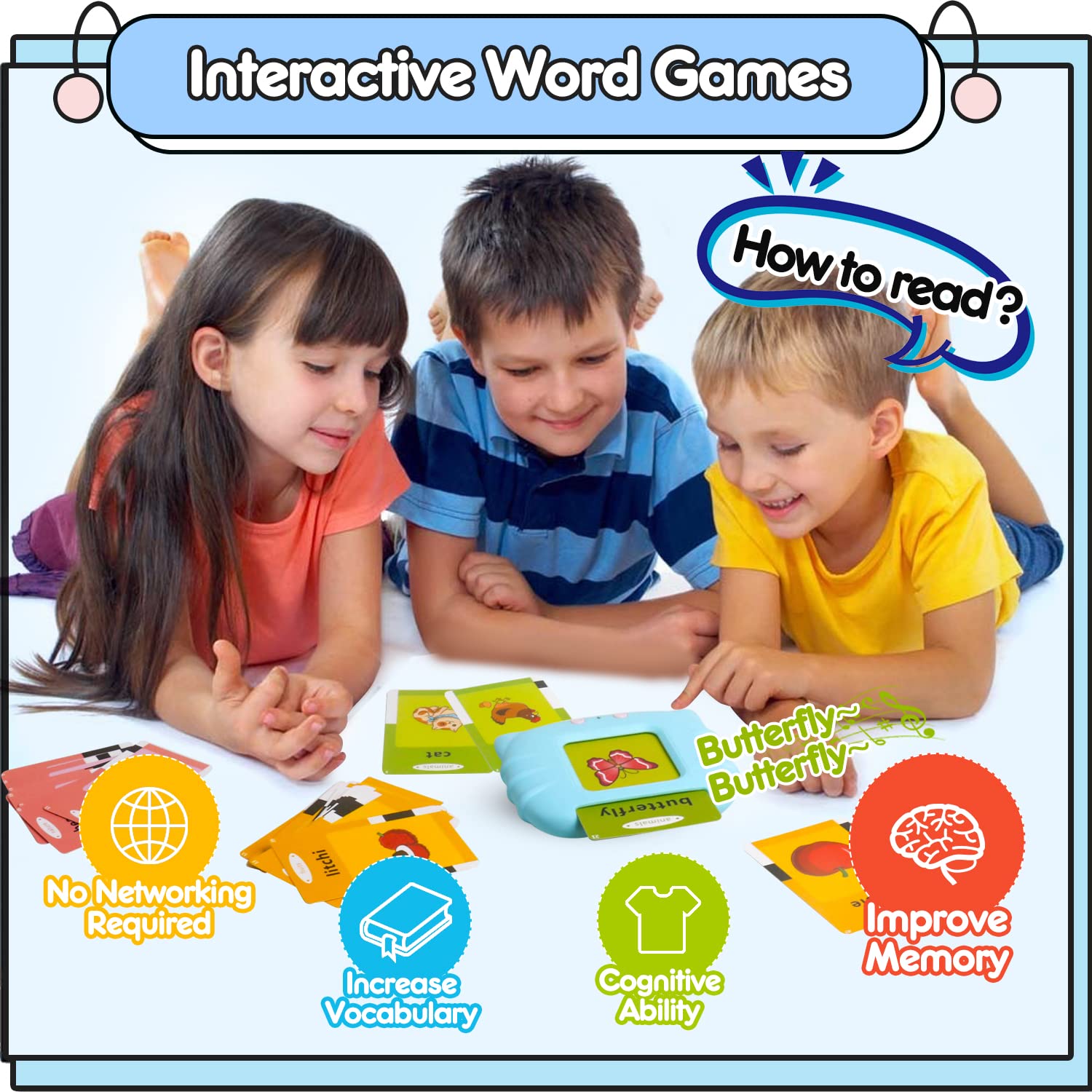Toddler Flash Cards Learning Toys for 2 3 4 5 6 Year Old Reading Machine with 112 Pcs Flash Cards 224 Words Preschool Learning Activities for Toddlers Kids Birthday Gifts (Blue)