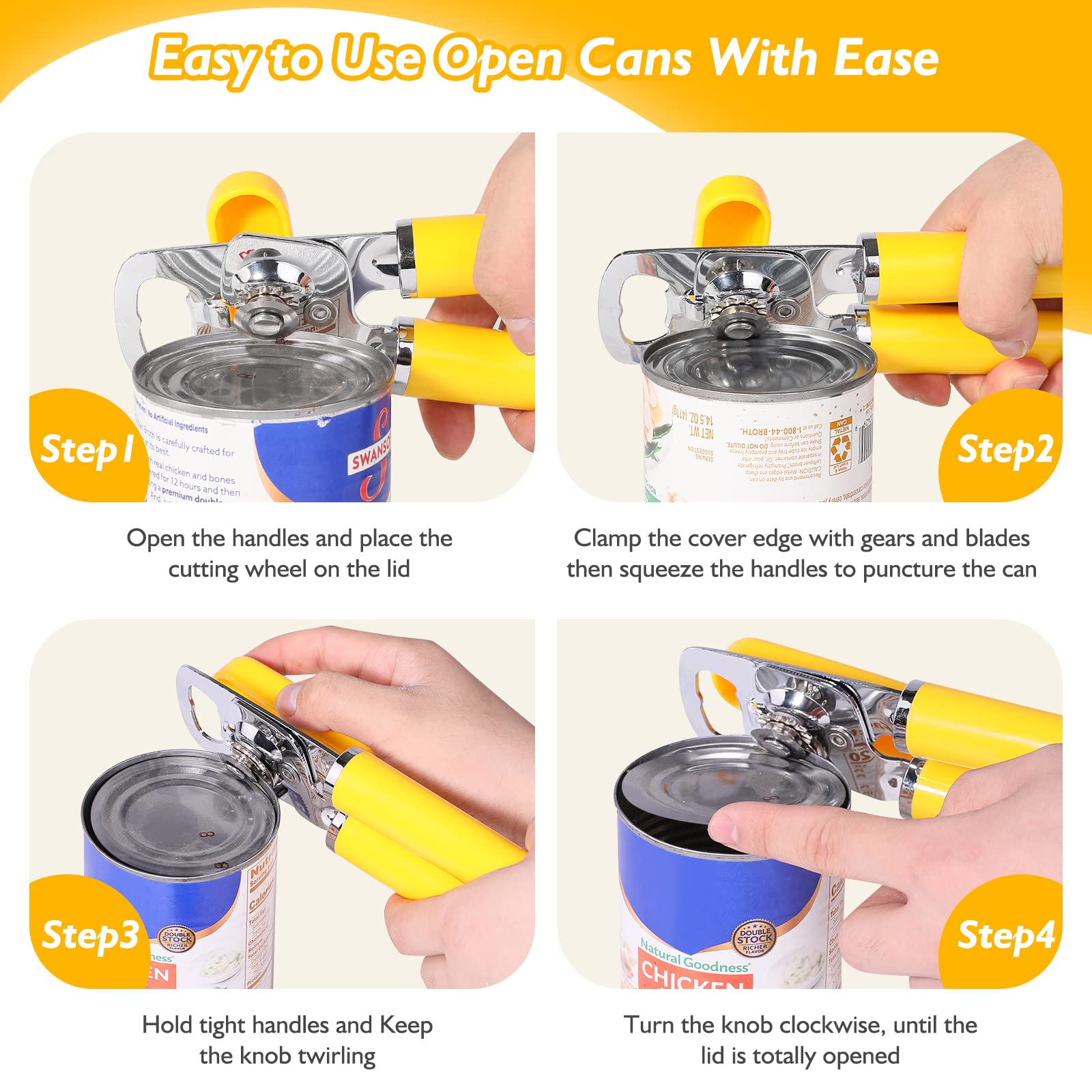 Can Opener, Mabahoo Can Opener Manual Heavy Duty Hand Held Can Openers, Top Stainless Steel Smooth Edge, Easy Turn Knob, with Bottle Opener, Kitchen Gadgets Must Haves Accessories Utensils, Yellow