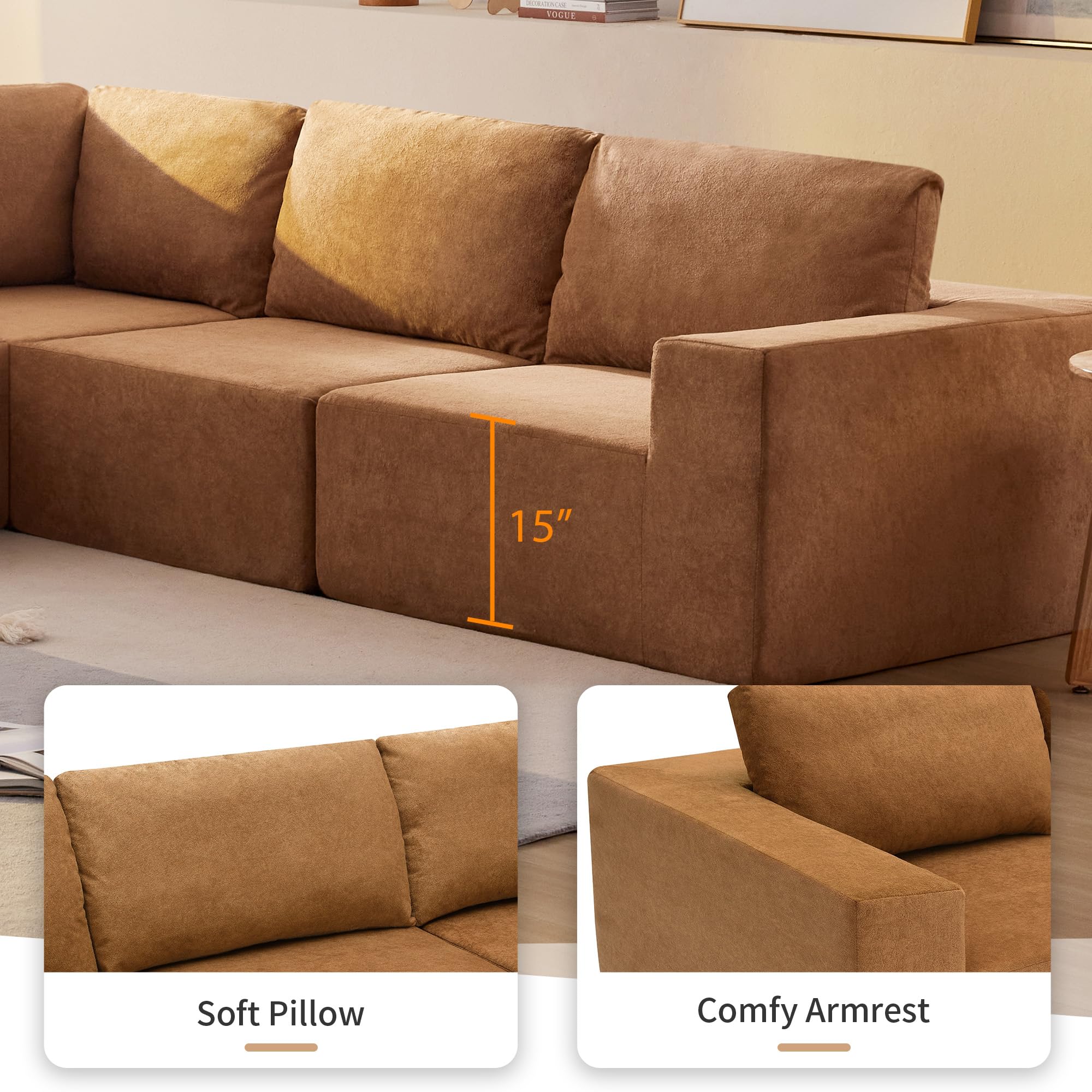 Favfurish Modular L Shaped Sectional Sofa,Sleeper Couch Set,Upholstered Reversible Sofa-Bed,5 PC Free Combination,for Living Room Bedroom Apartment,Brown