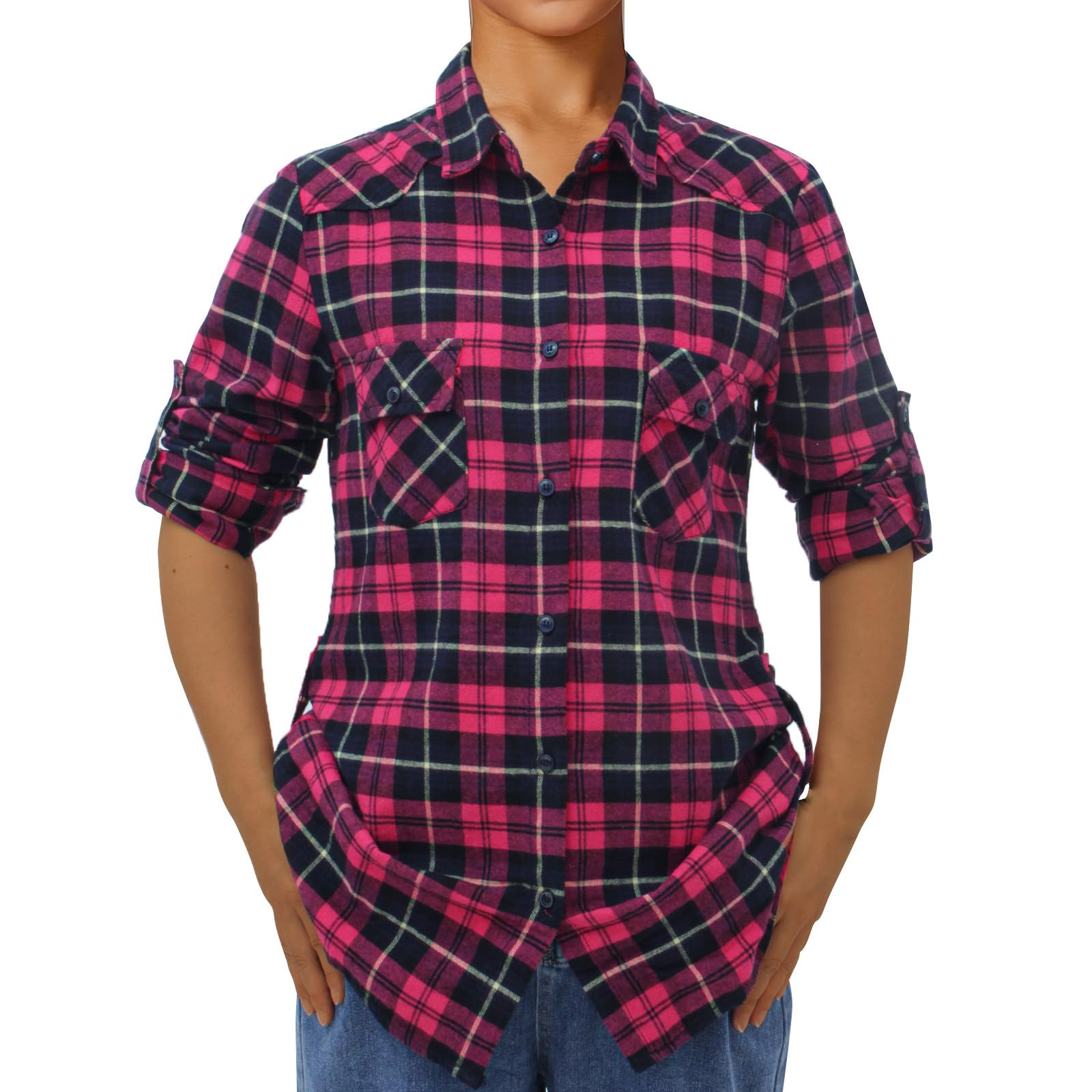 Match Womens Button Down Flannel Plaid Shirts roll up Long Sleeve Shackets Business Blouse Top (Small, Checks#8)