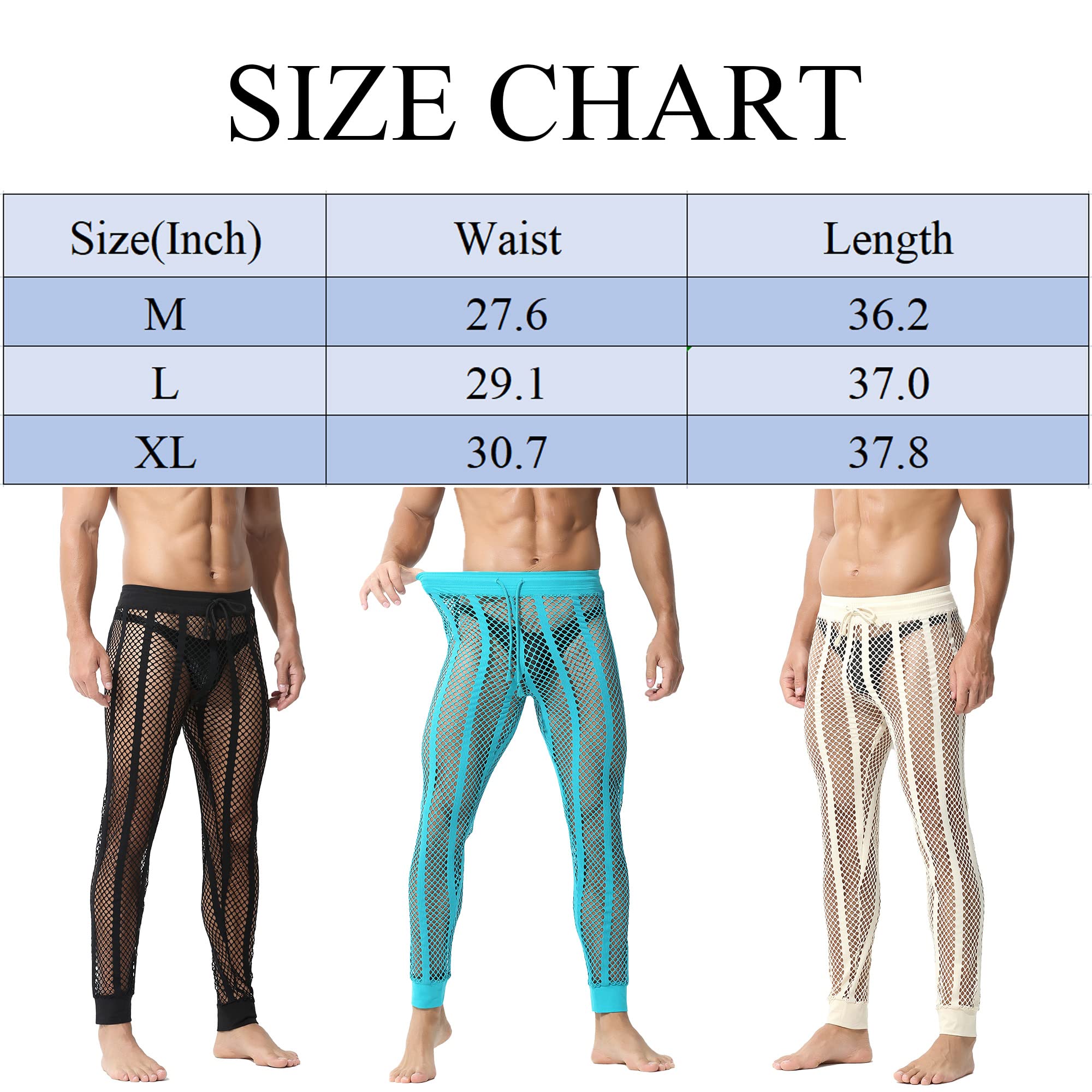 DHEWFU Men's Mesh Fishnet Pants See Through Stretchy Muscle Leggings Drawstring Sleep Lounge Thermal Bottoms