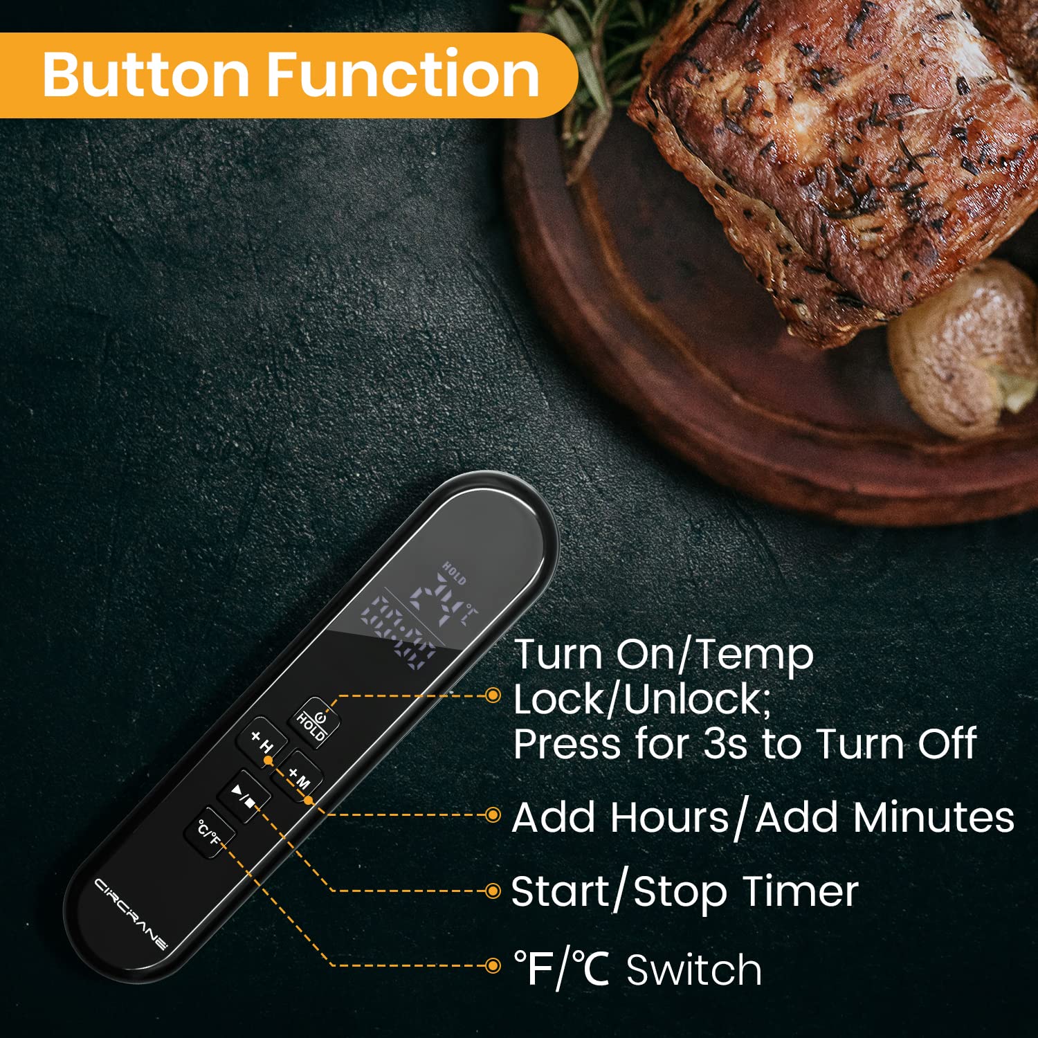 Circrane Digital Instant Read Thermometer, LED Hight Bright Screen with Huge Digits and Alarm, Meat Thermometer for Grilling, Cooking and BBQ, Black
