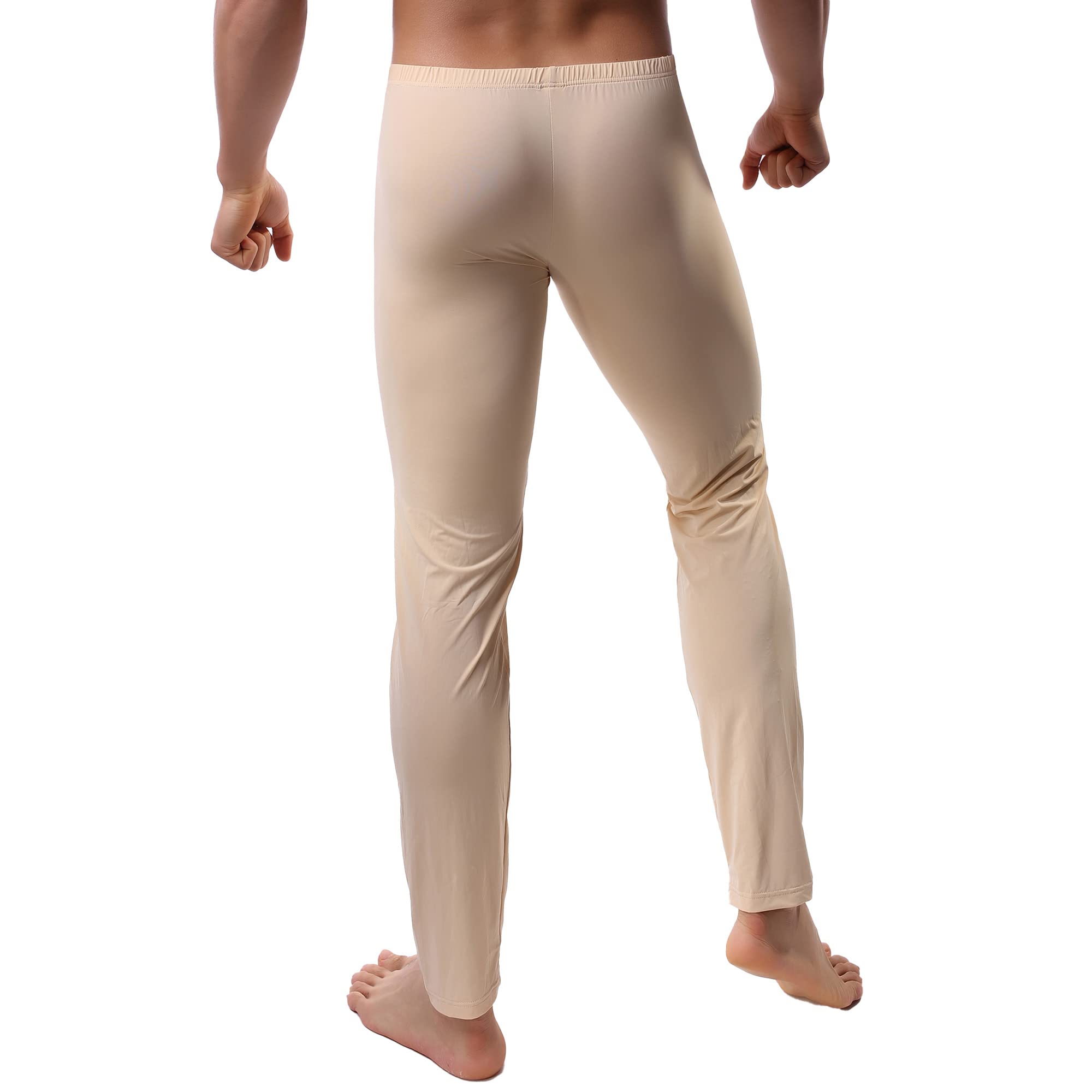 DHEWFU Mens Tight Long Underwear Bottoms Soft Low Rise Elastic Leggings Pants Trousers Sleep Beige