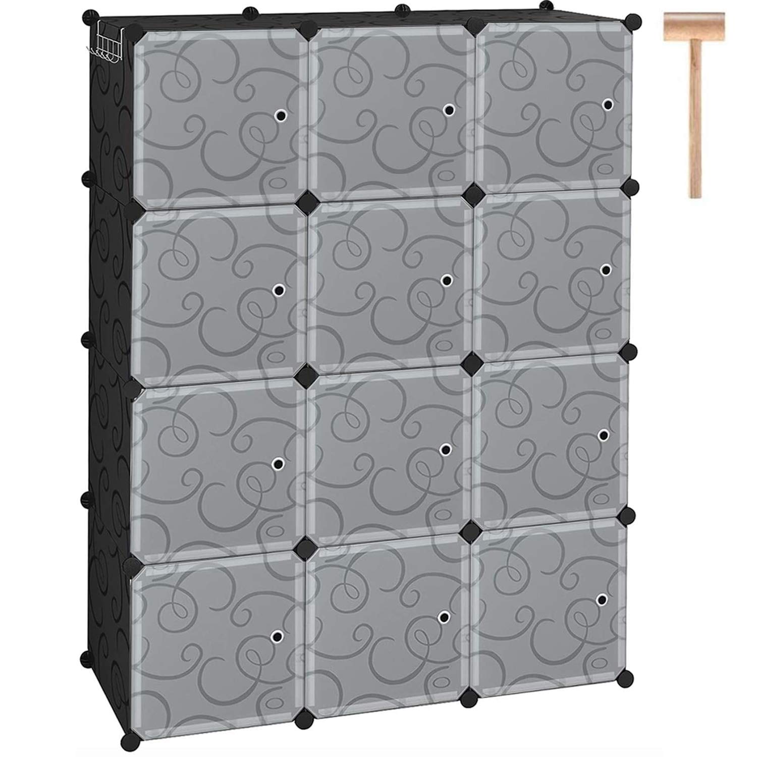 C&AHOME Cube Storage with Doors, 12-Cube Storage Organizer, Plastic Closet Cabinet, Modular Book Shelving Units, Storage Shelves, Ideal for Bedroom, Home, Office 36.6”L x 12.4”W x 48.4”H Black