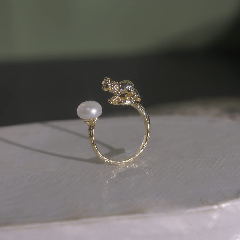 CCijiNG Christmas Pearl Ring for Women 14K Gold Plated Adjustable Open Wrap Ring Fashion Eternity Statement Jewelry for Christmas Gift(Cat Pearl)