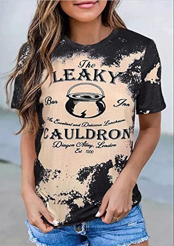 Halloween The Leaky Cauldron T-Shirt for Women Funny Halloween Graphic Bleached Tops Holiday Casual Fall Shirt Blouse Dark Grey