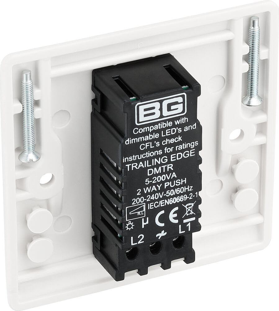 BG Electrical Single Round Push Button Dimmer Light Switch, White Moulded, Round Edge, 2-Way, 400 Watts