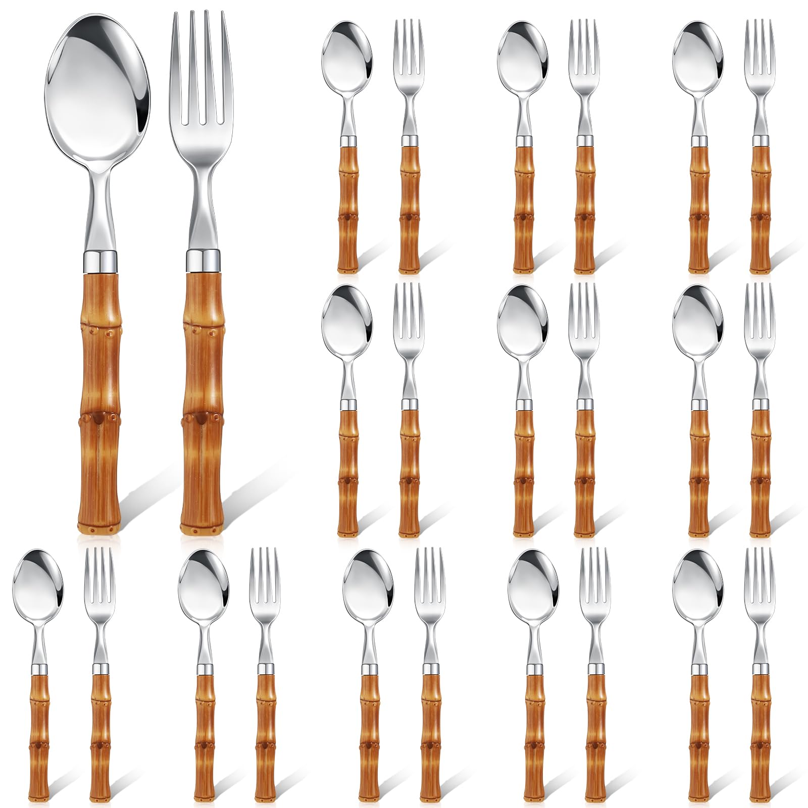 Bokon 24 Pcs Bamboo Silverware Set Bamboo Utensils Set for 2 Include 12 Pcs Spoons 12 Pcs Forks Bamboo Flatware Set Natural Bamboo Cutlery Dishwasher Safe Stainless Steel Silverware Set