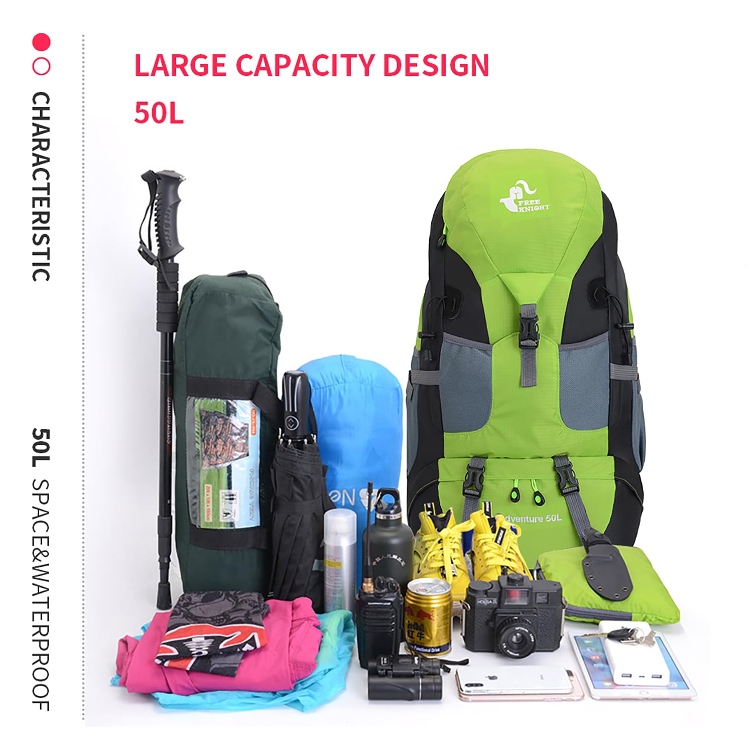 Bseash 50L Hiking Backpack, Water Resistant Lightweight Outdoor Sport Daypack Travel Bag for Camping Climbing Touring (Green - No Shoe Compartment)