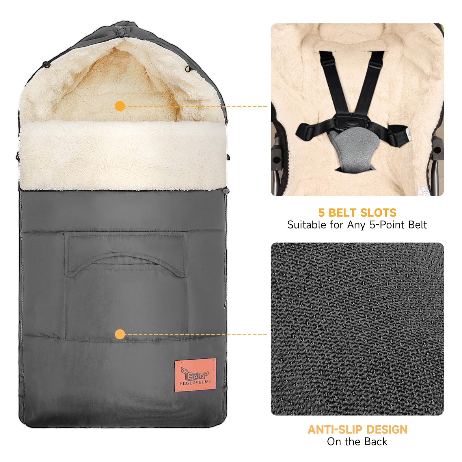 EAQ Universal Winter Warm Baby Stroller Footmuff,Muti Use Bunting Bag, Fleece Lined Washable Outdoor Sleeping Bag for Baby(Gray)