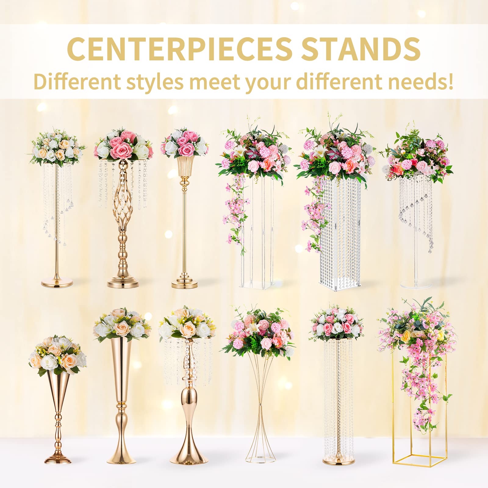 Nuptio 2 Pcs Metal Flower Floor Vase Column Flower Stand Geometric Centerpieces Vase for Tables, 80cm/31.5in Tall Gold Flower Holder for Home Party Wedding Decorations, Rectangular Flower Display Rack