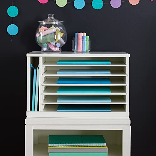 MARTHA STEWART Crafting Kids' Paper Organizer - Creamy White, Tabletop Construction Paper Storage with Compartments, Wooden 6 Tray Sorter