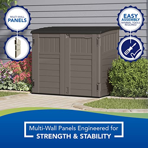 Suncast 4' x 2' Horizontal Storage Shed - Natural Wood-Like Outdoor Storage - Stoney & 33 Gallon Hideaway Can Resin Outdoor Trash with Lid Use in Backyard, Deck, or Patio, 33-Gallon, Brown