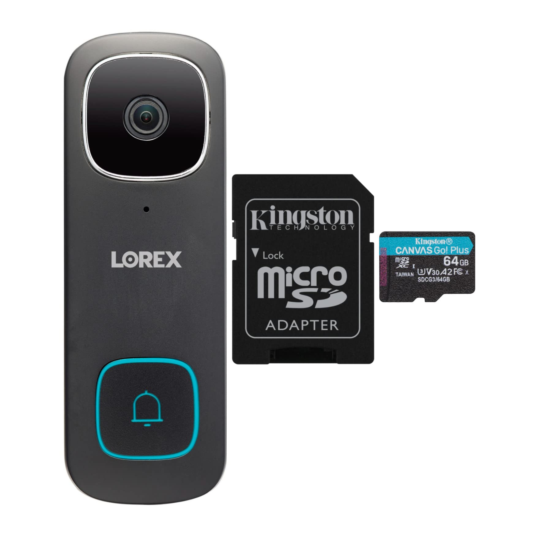 Lorex 2K Wired Video Doorbell (Black) with 64GB MicroSD Memory Card Bundle (2 Items) LORB451AJDBE_K1