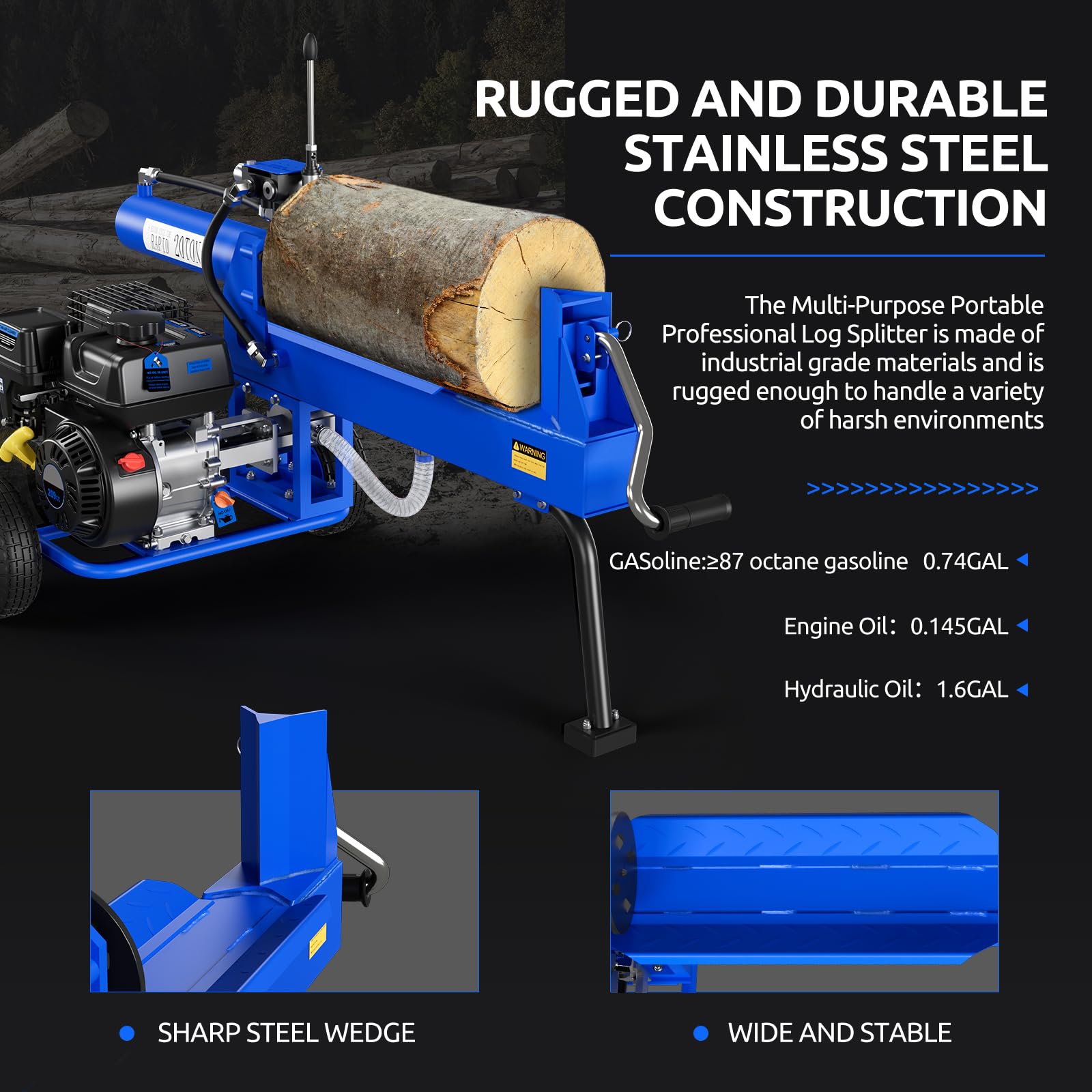 EFURDEN Portable Gas Log Splitter with 7 HP-4 Stroke Engine, 20-ton Hydraulic auto-Return ram System and Twin Gear Hydraulic Pump, Horizontal Full Beam Steel Wedge firewood Splitter