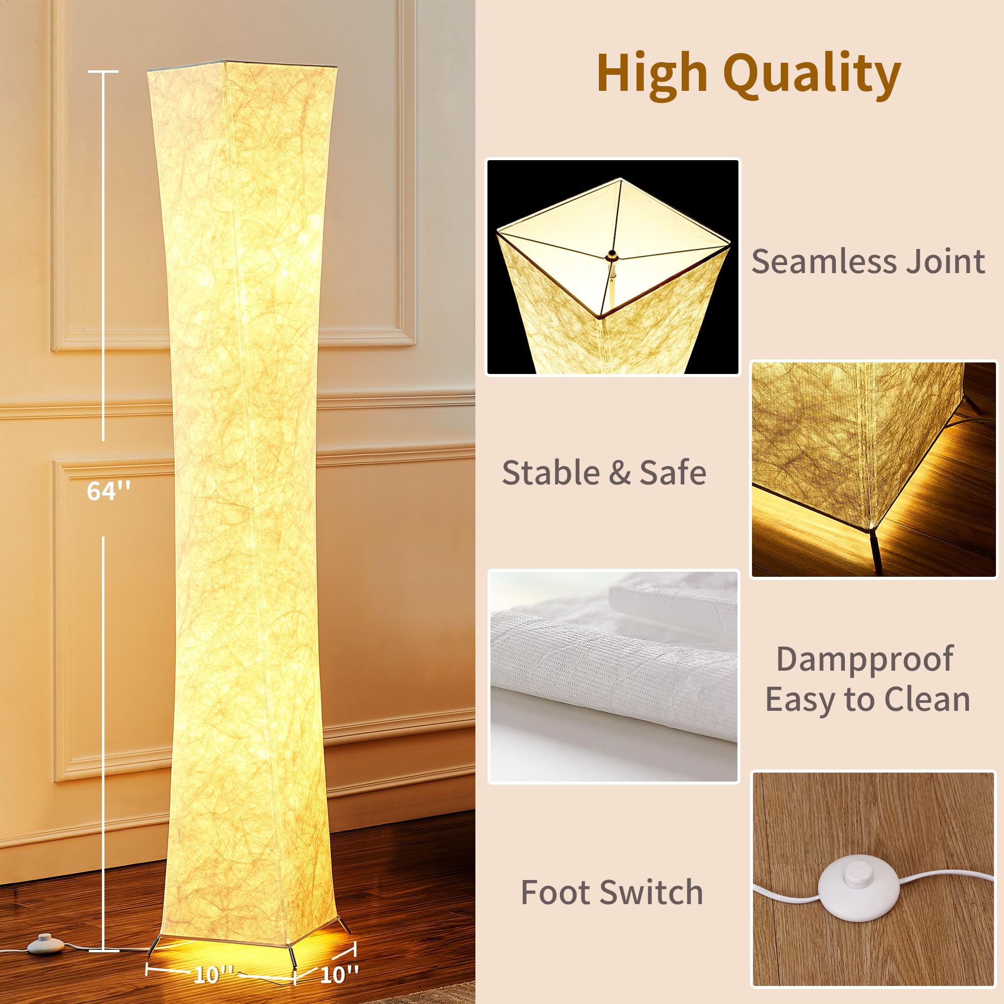 chiphy Floor Lamp, Dimmable 64" Tall Standing Lamp, 3 Levels Adjustable Brightness 12Wx2 LED Bulbs, Column Floor Light w/White Fabric Shade, Home Decor for Living Room, Bedroom, Kids Room