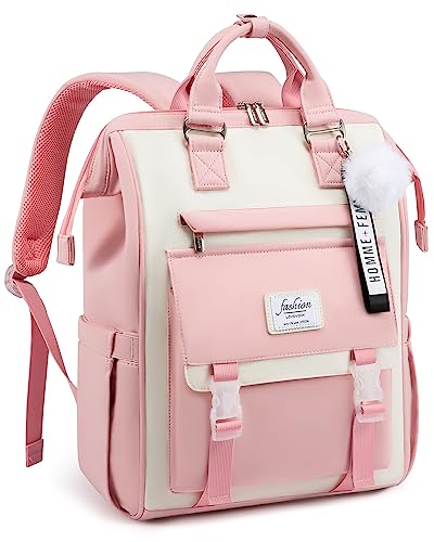 LOVEVOOK Laptop Backpack for Women,15.6 Inch College Backpack,Light Weight Travel Backpack Waterproof Casual Daypack Computer Backpack fits Travel Work Casual(15.6 inch,Pink&Beige)
