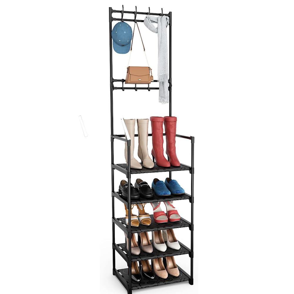 FDSDEFEN Entryway Coat Rack, Coat and Shoe Rack, Entryway Bench Storage Organizer with 8 Hooks for Bedroom (5-Tier )