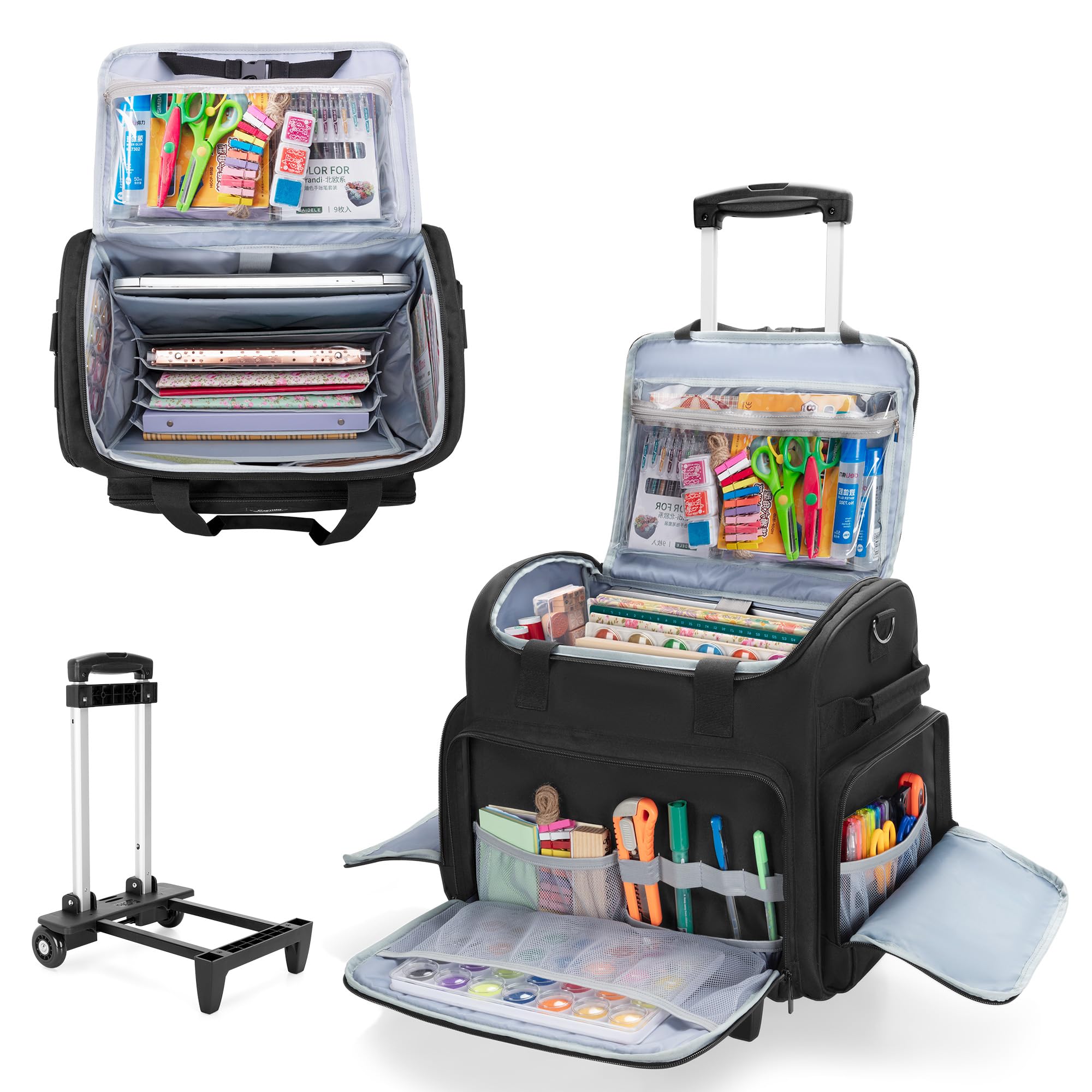 CURMIO Rolling Scrapbook Tote with Wheel, Craft Storage Bag with Expandable File Organizer for Scrapbook Supplies, Albums, Black (Bag Only)