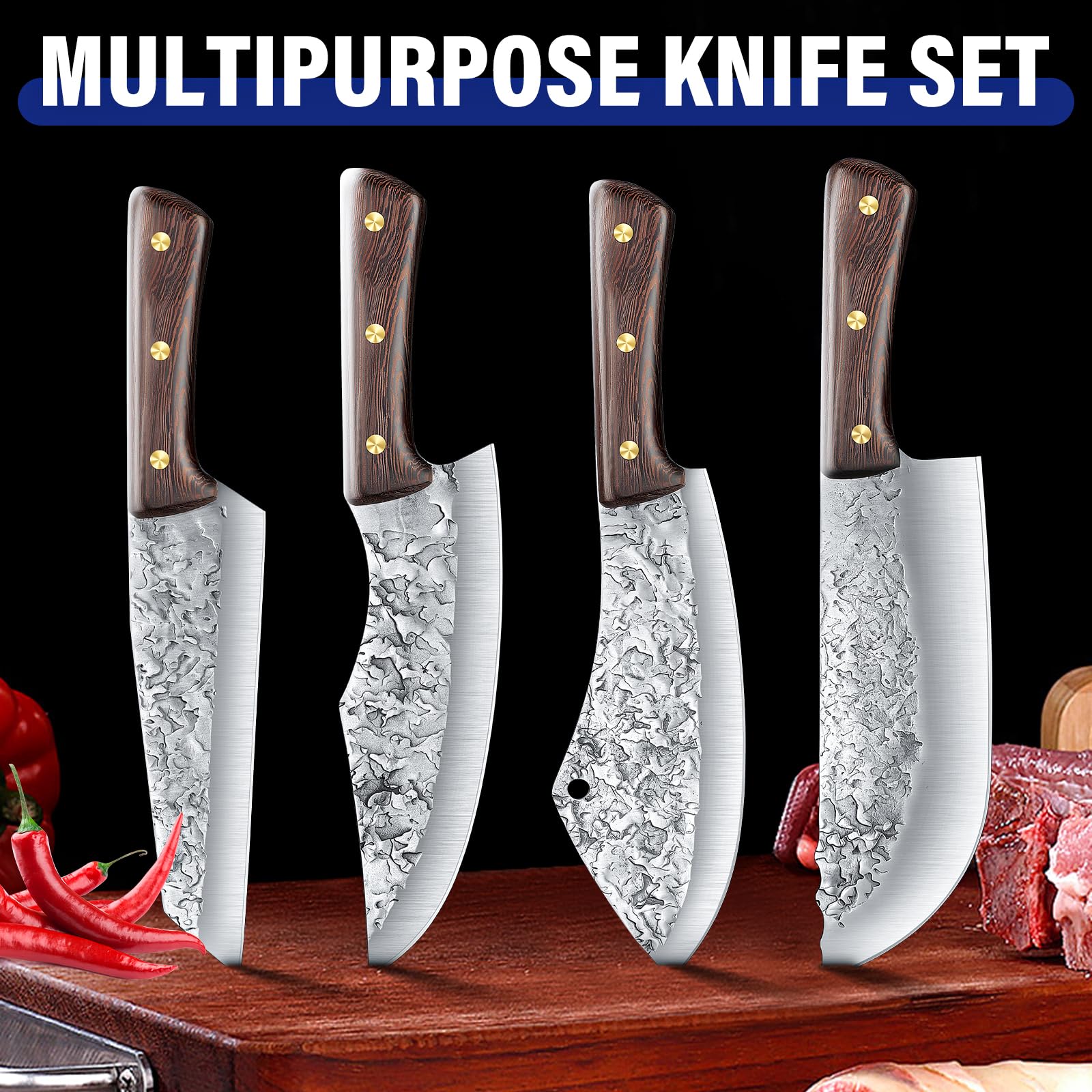 DRAGON RIOT Professional Butcher Knife Set for Meat Processing, 4Pcs High Carbon Steel Hand Forged BBQ Knife Set, Chef Cleaver Knife Set for Kitchen Outdoor Cooking Father's Day Gift