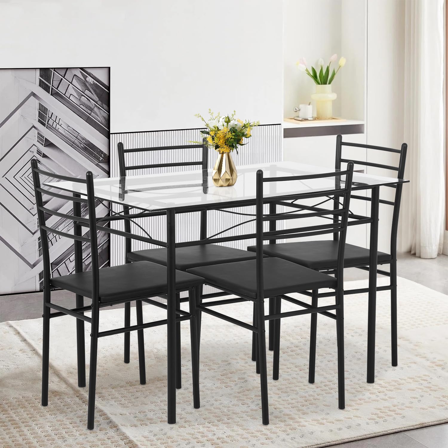 FDW Classic Dining Table Set 5 Piece,Metal Frame Glass Top Table and 4 Rectangular Modern Chairs Set,Suitable Small Space Kitchen Table Set for 4,Black