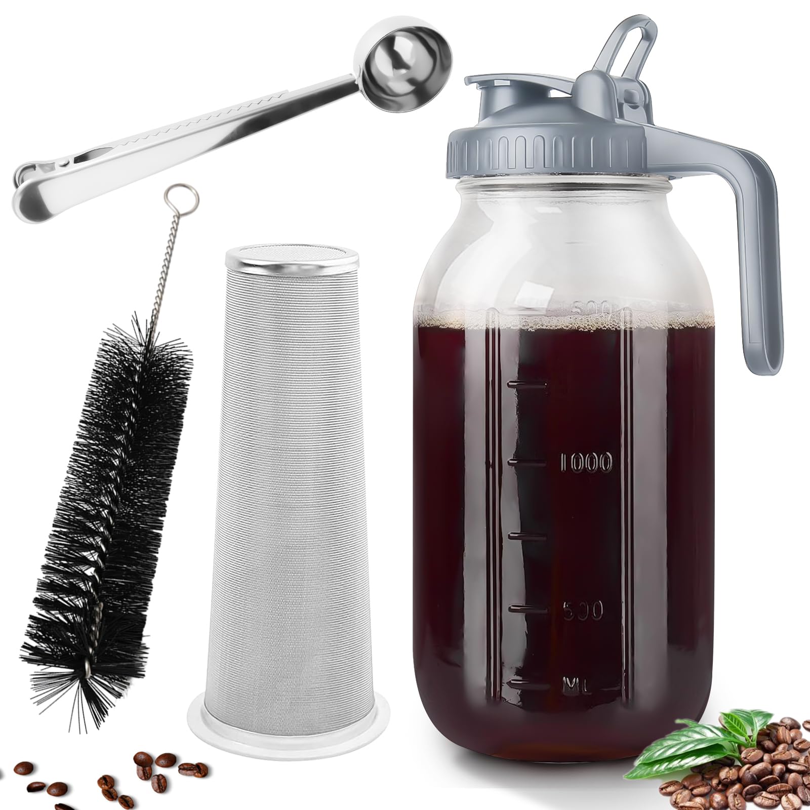 Cold Brew Mason Jar Coffee Maker, 64oz Cold Brew Coffee Pitcher, Durable Glass Mason Jar Cold Brew Coffee Maker With Handle & Stainless Steel Filter For Iced Coffee Tea Fruit Drinks Container