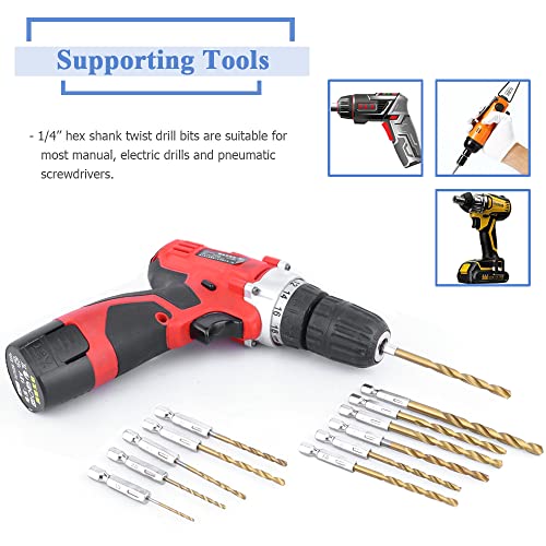 Mesee 13 Pieces Titanium Coated HSS Twist Drill Bit Set, Hex Shank High Speed Steel Drill Bits 1.5mm-6.5mm Quick Change Woodworking Drilling Tool