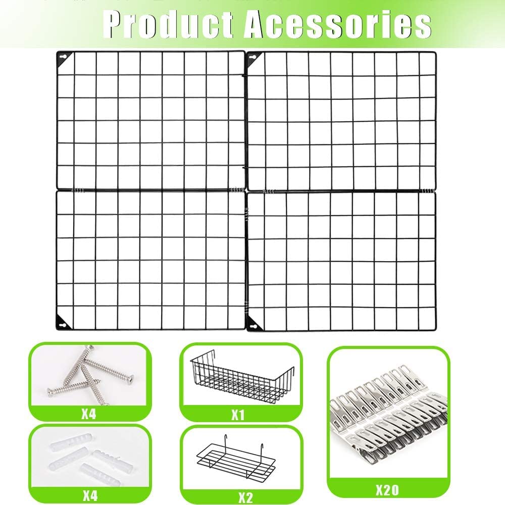 NEX Wall Grid Panel with Grid Baskets, Wire Wall Grid, Photo Picture Display, Memo Board, Wall DIY Decor Storage Organizer, 32.68'' x 23.82''