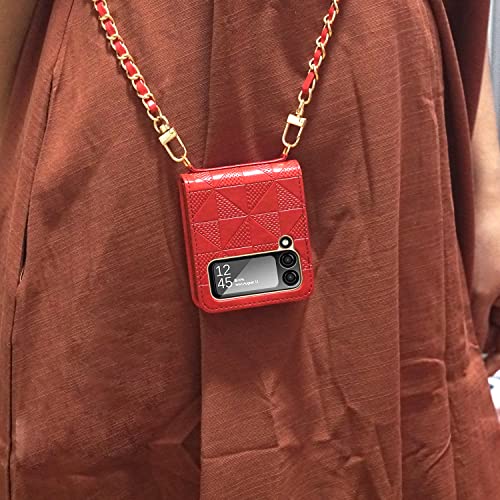 SHIEID Genuine Leather Galaxy Z Flip 4 Case with Chain, Noble Temperament, Diamond Shape Design Fine Texture Z Flip 4 Case for Samsung Galaxy Z Flip 4, Brown