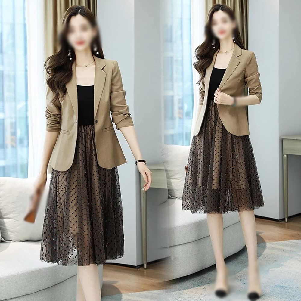 DHTDVD Office Wear Female Skirt Office Ladies Suit Jacket Polka Dot Mesh Skirt 2 Pieces Set Women's Suit Skirt Set (Color : D, Size : XXL Code)