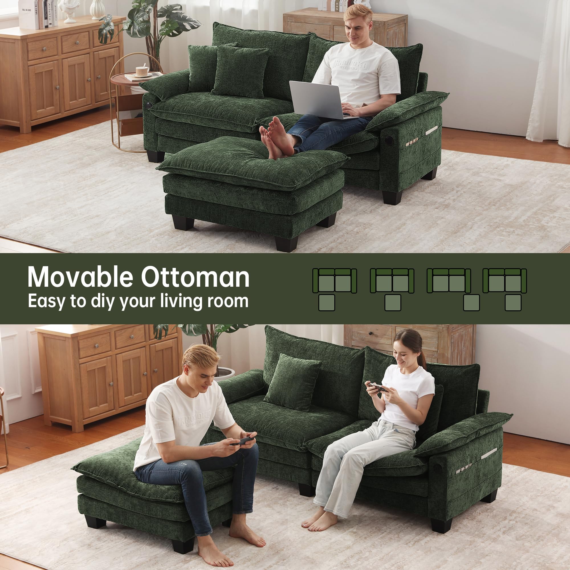 DURASPACE Modular Sectional Sofa 144'' Cloud Couch U Shaped 4-Seater Sectional Couches with 2 Movable Ottoman, USB, Comfy Sectionals Sofa for Living Room (Chenille Green)