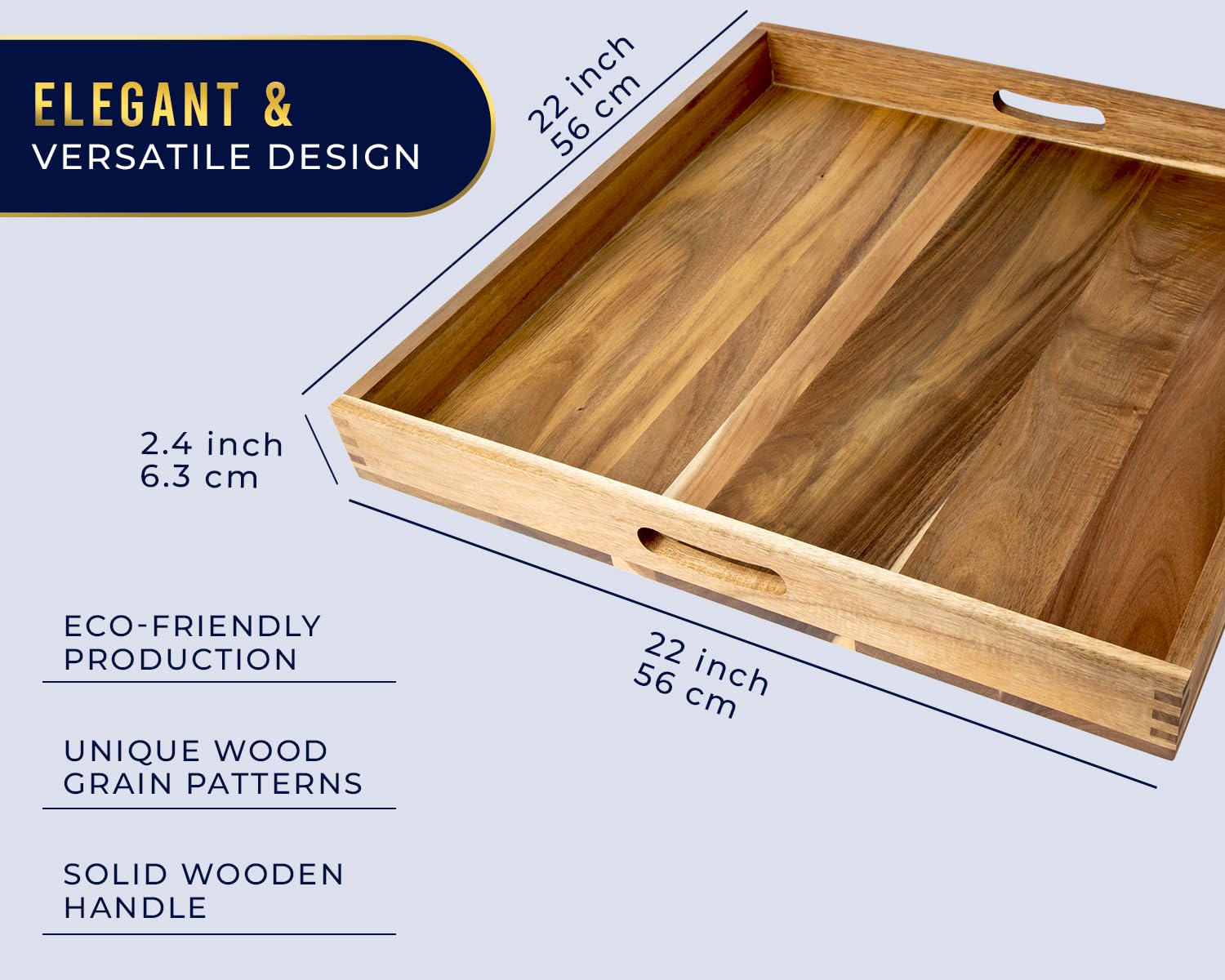 Extra Large (22") Square Premium Acacia Wood Ottoman Tray with Handles - Use for Serving Food in Style for Dinner, Breakfast, Snacks, BBQ, Entertaining Guests & More