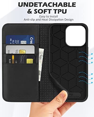 SHIELDON Case for iPhone 13 Pro 5G, Genuine Leather Wallet Case RFID Blocking Credit Card Holder Folio Magnetic Kickstand Shockproof Cover Compatible with iPhone 13 Pro 5G (6.1" 2021 Release) - Black