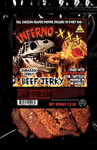JURASSIC JERKYâS INFERNO - XXX HOT Beef Jerky * Every 1.5 oz bag includes (1) Carolina Reaper Pepper the Hottest Pepper in the World! Can you handle the Heat? Take the Challenge!