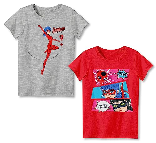 Miraculous Ladybug Girls T-Shirts 2-Pack, Ladybug Cat Noir Rena Rouge Short Sleeve Tees 2-Pack Bundle Set for Girls (Red/Grey, Size 10/12)