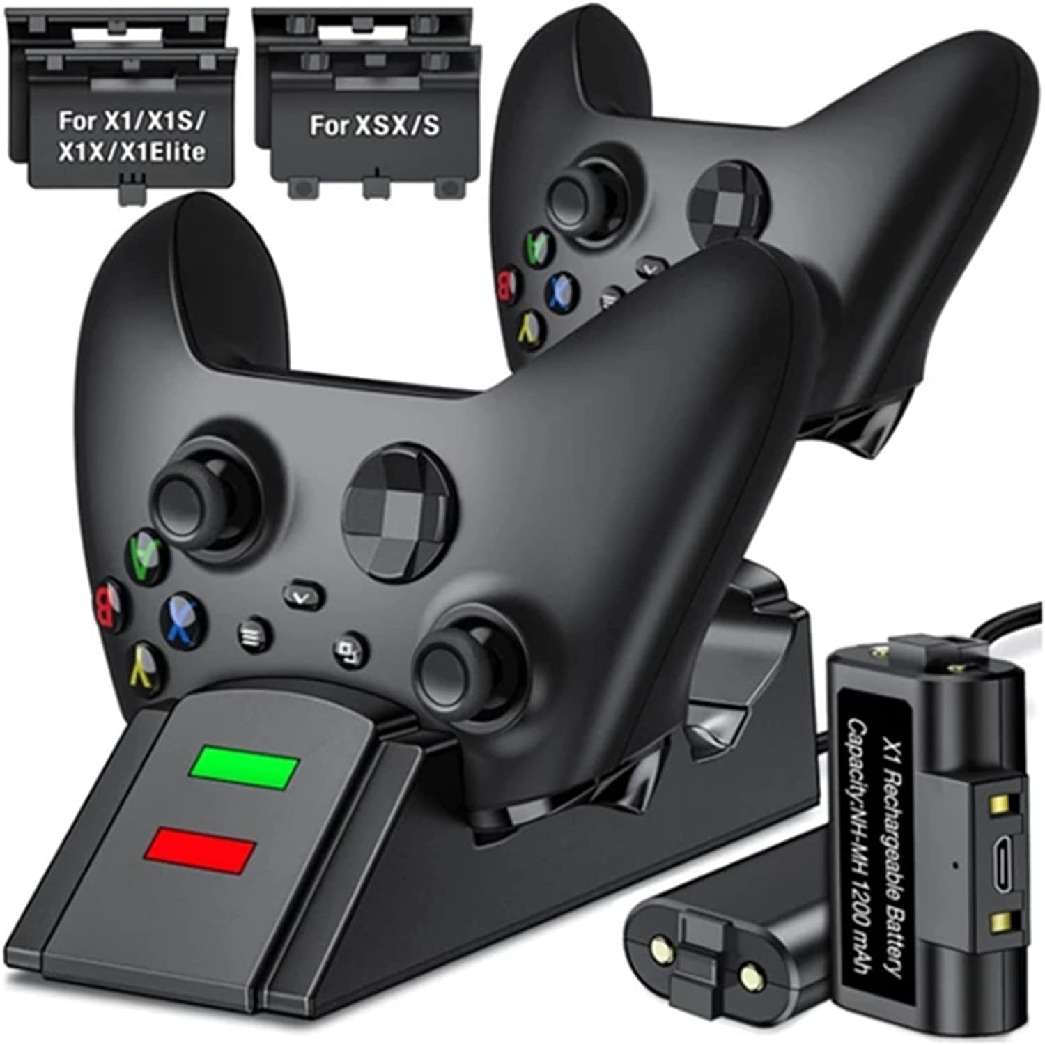 Controller Charger Station with 2 Batteries 1200 mAH and 4 Battery Cover for Xbox Series X|S/Xbox One/Xbox One S/X/Elite Controllers Black