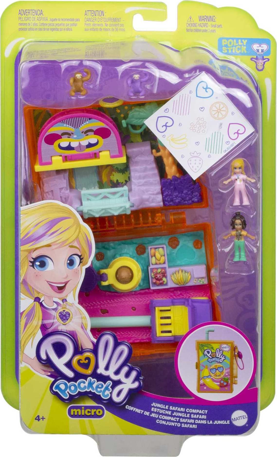 Polly Pocket Playset, Travel Toy with 2 Micro Dolls, Pet Sloths & Surprise Accessories, Jungle Safari Compact