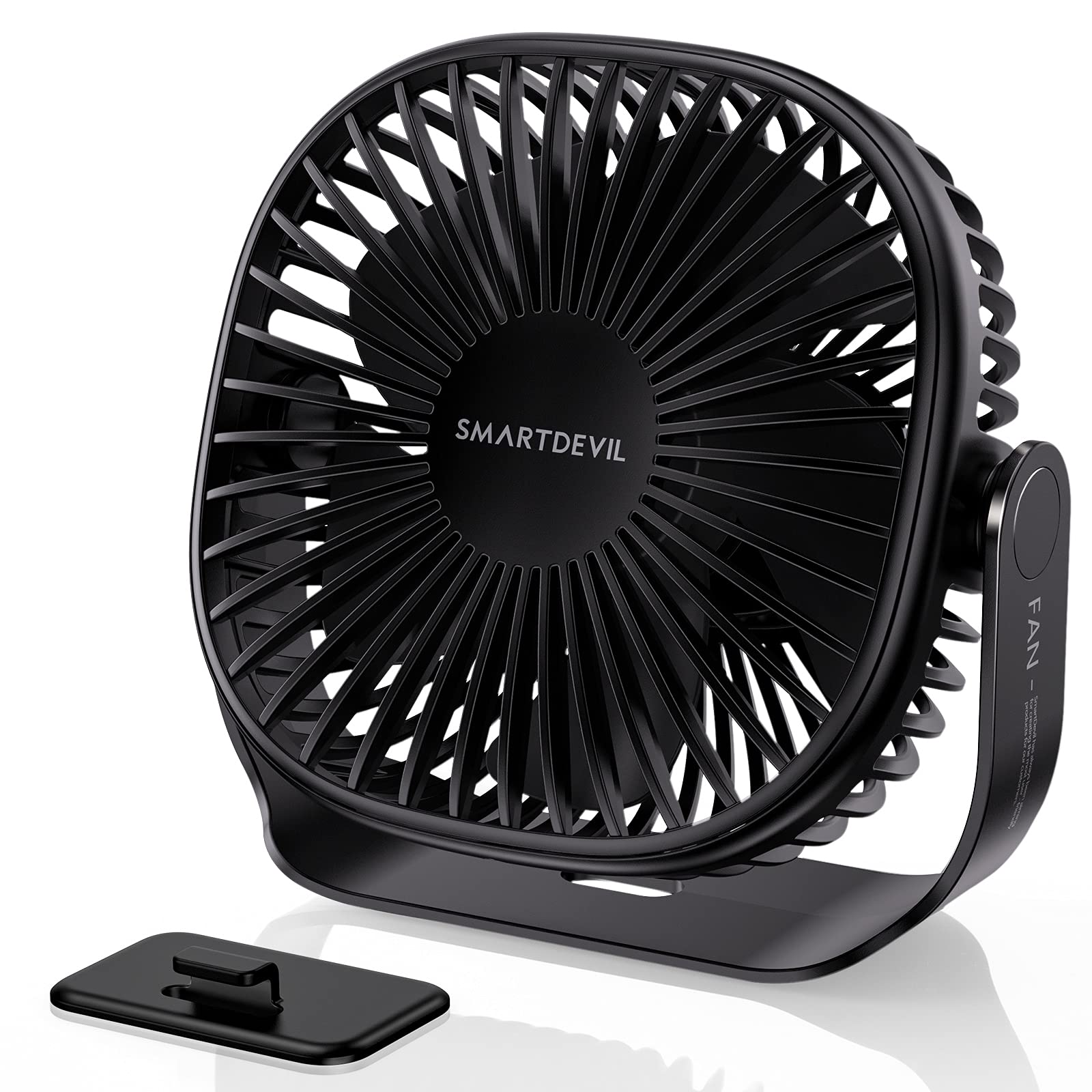 SMARTDEVIL Small Rechargeable Desk Fan, 3 Speeds 2000mAh Portable Personal Battery Operated Desktop Fan with Pasteable Hook, Dual 360° Adjustment Quiet Table Fan, for Home Office Outdoor (Black)