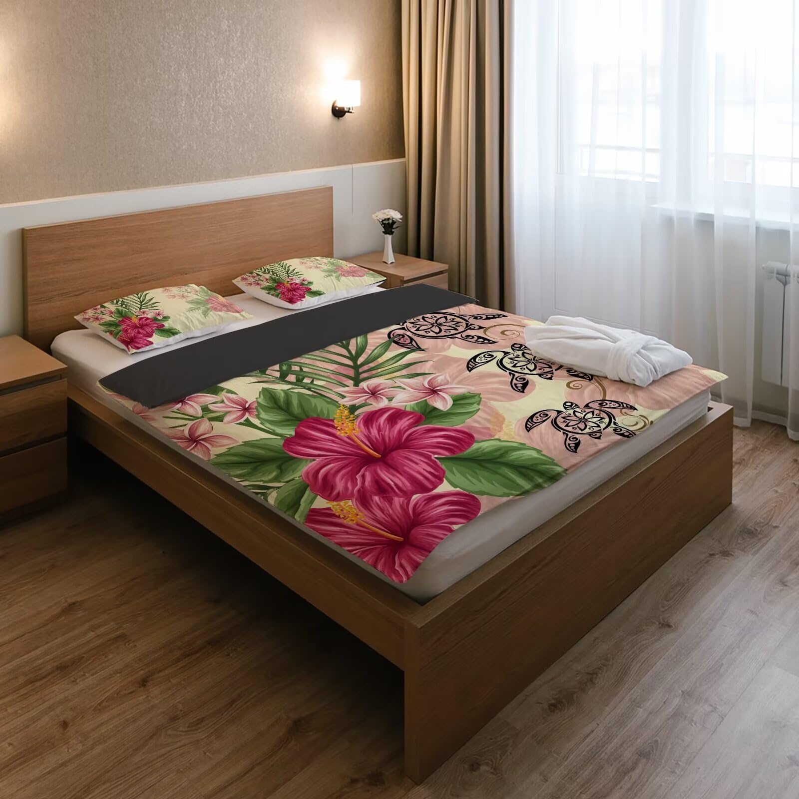 Gearider Pink Tropical Hibiscus Floral Printed Duvet Cover, Mandala Turtle Soft Bedding Set, 3 Pieces, Zipper Closure & 2 Pillow Shams - Size Queen