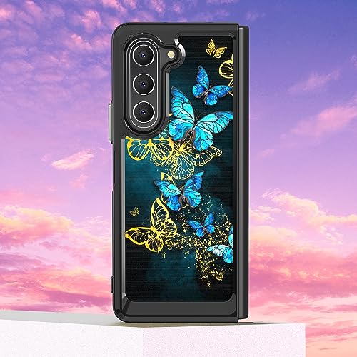 NKase for Samsung Galaxy Z Fold 5 Case, Samsung Z Fold 5 Case Cute Hard Slim Cover Galaxy Z Fold 5 Case Shockproof Women Girls Men Protective Case for Galaxy Z Fold 5 5G Case, Gold/Blue Butterfly