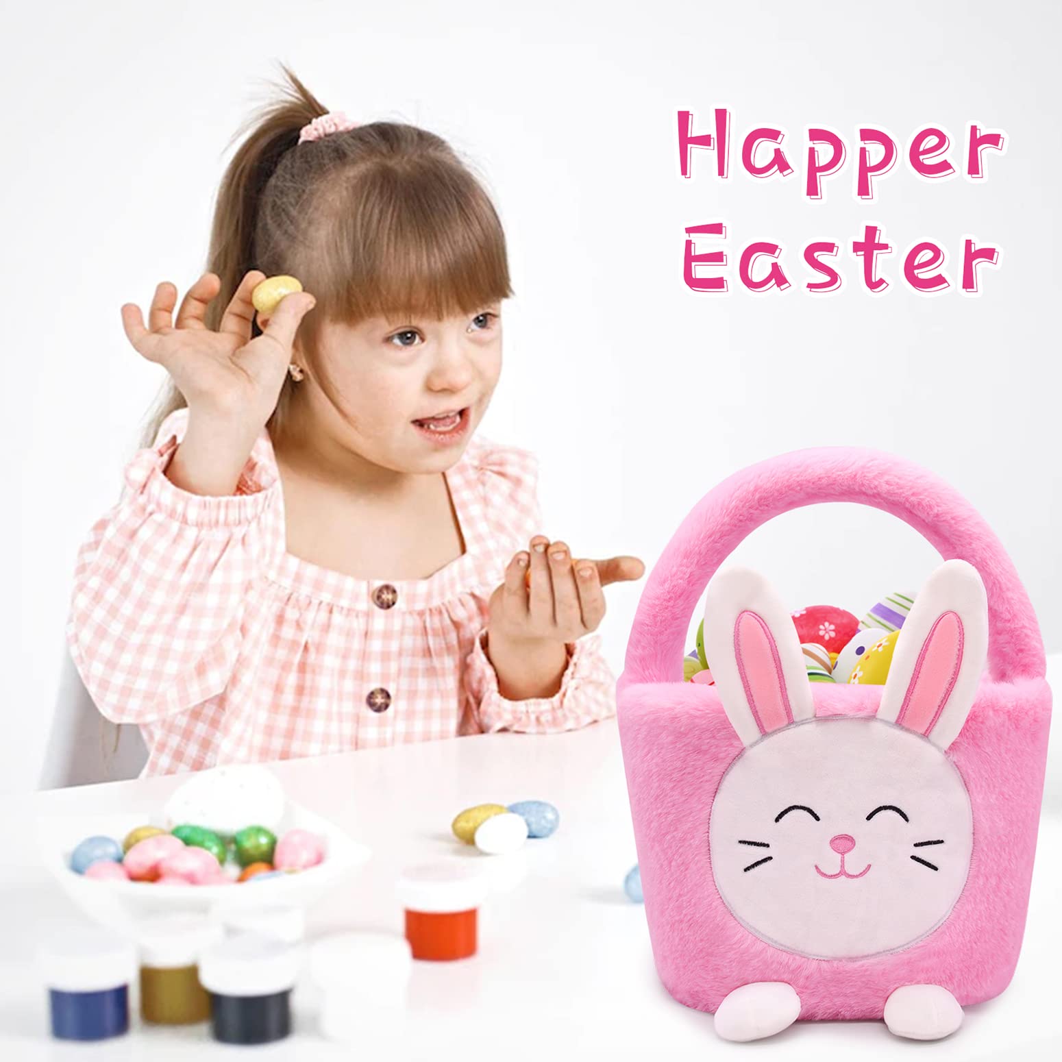 Easter Bunny Baskets, Easter Egg Hunt Basket for Kids Bunny, Easter bunny tote candy bags canvas bags, Bunny Gifts Bags Carry Bucket Easter Decorations, Pink