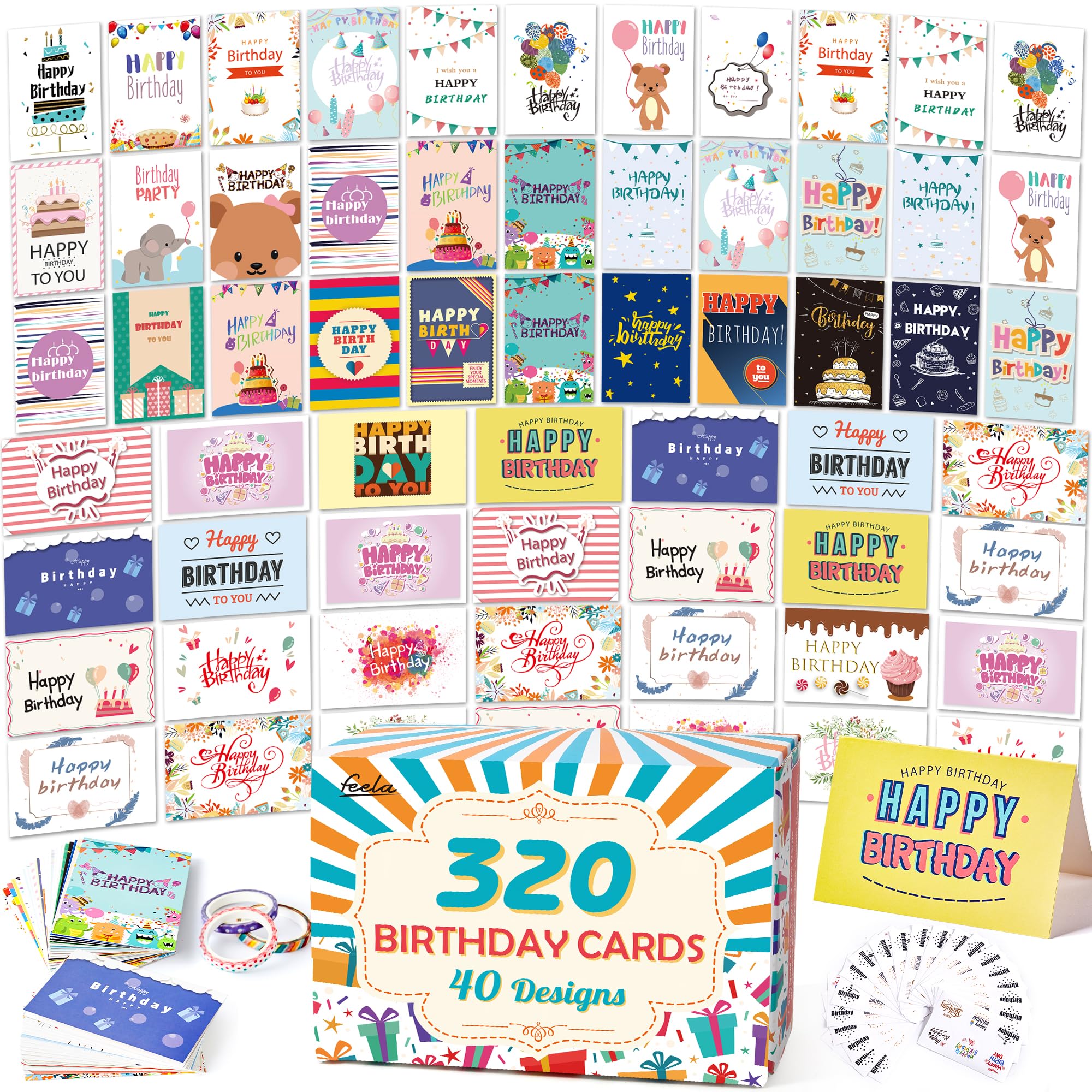feela Birthday Cards Bulk, 320 Pack 40 Designs Happy Birthday Card Assortment Box with 320 Blank Envelopes, 336 Pieces of Stickers, 12 Washi Tapes, Greeting Cards for Employees Family, 4ā X 6ā