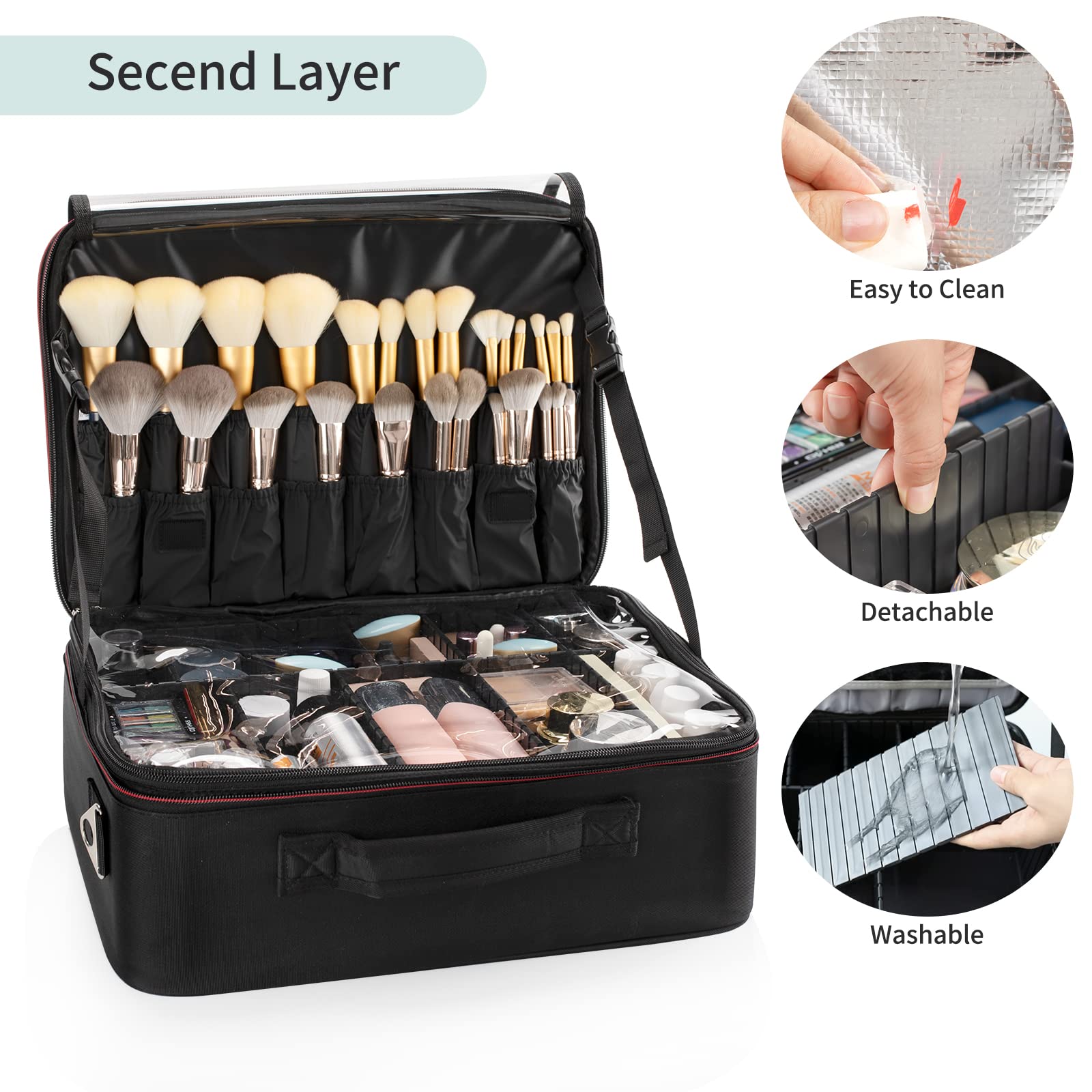 Extra Large Makeup Case, Makeup Bag Organizer Travel Cosmetic Case Portable Artist Storage Bag with Washable Plastic Divider and Heat Insulation Layer For Lipstick Makeup Toiletry Accessories Black