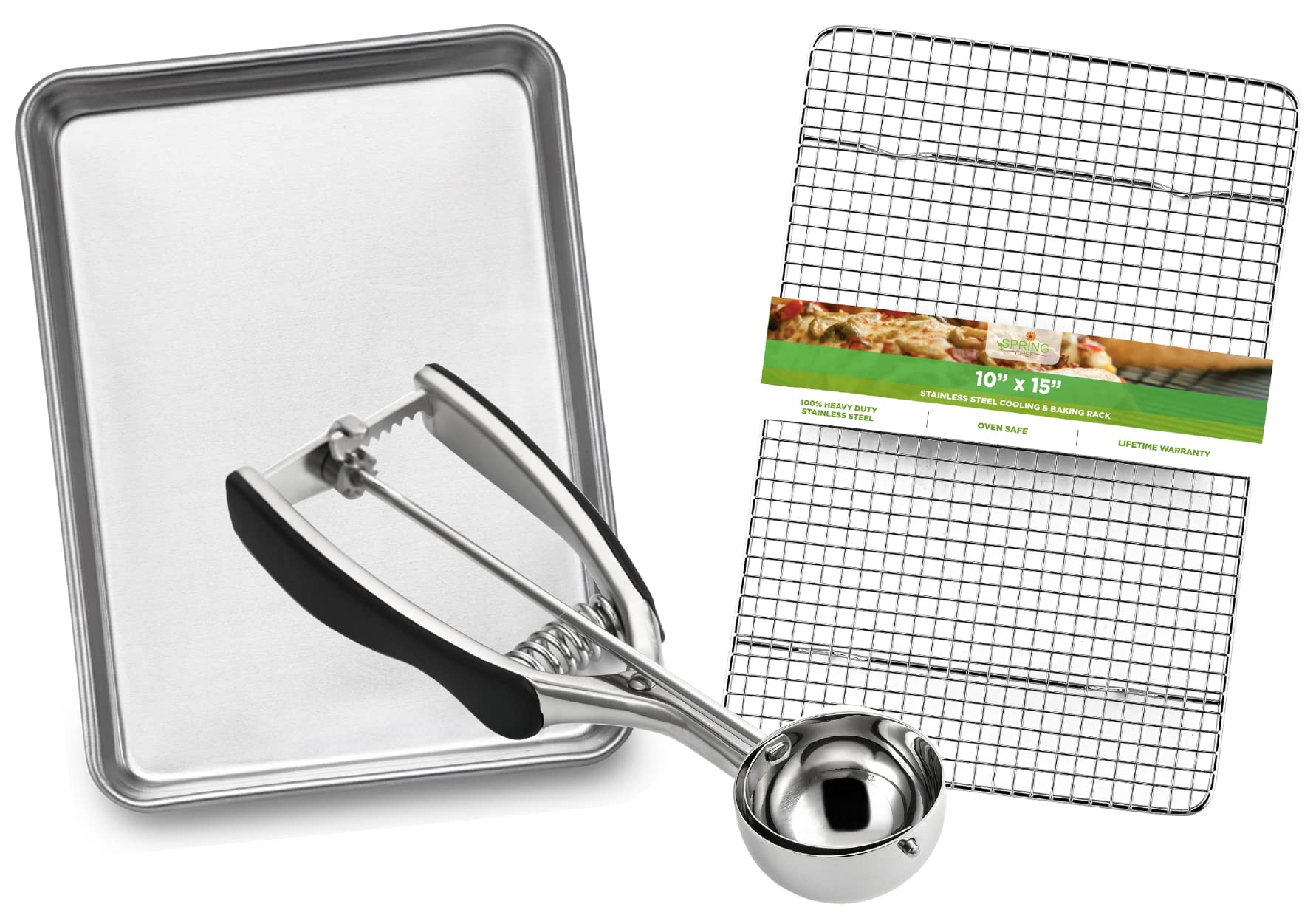 Cookie Bundle - Spring Chef 10”x15” Stainless Steel Cooling Rack, Aluminum Baking Pan & Cookie Scoop