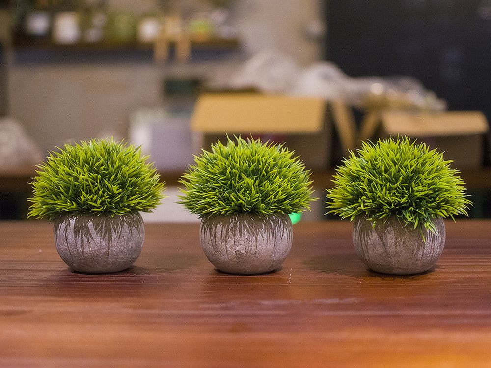 Opps Mini Artificial Plants Plastic Fake Green Grass Topiary Shrubs with Gray Pot for Home Décor – Set of 3