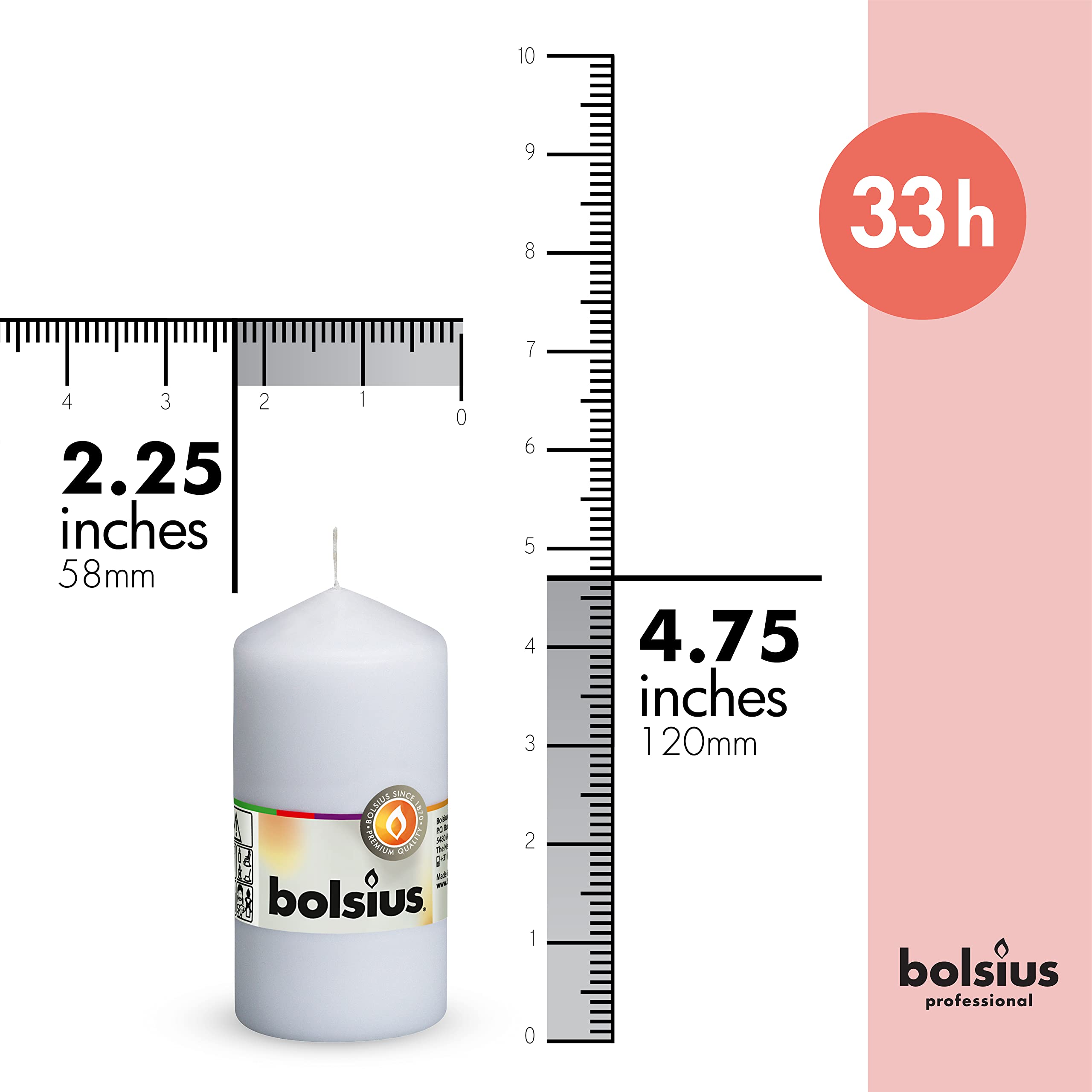 BOLSIUS 10 White Pillar Candles - 2.25 x 4.75 Inches - Premium European Quality - Individually Wrapped - 33 Hours Burn Time - Dripless Smokeless Unscented Dinner, Wedding, Party, & Restaurant Candles