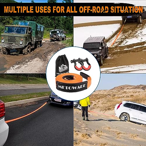 METOWARE Heavy Duty Tow Strap Recovery Kit - 3" x 20ft(35,000lbs) Tree Saver Winch Strap + 3/4" D Ring Shackles(2pcs) + Storage Bag - Truck, SUV, ATV Off Road Towing Strap Kit