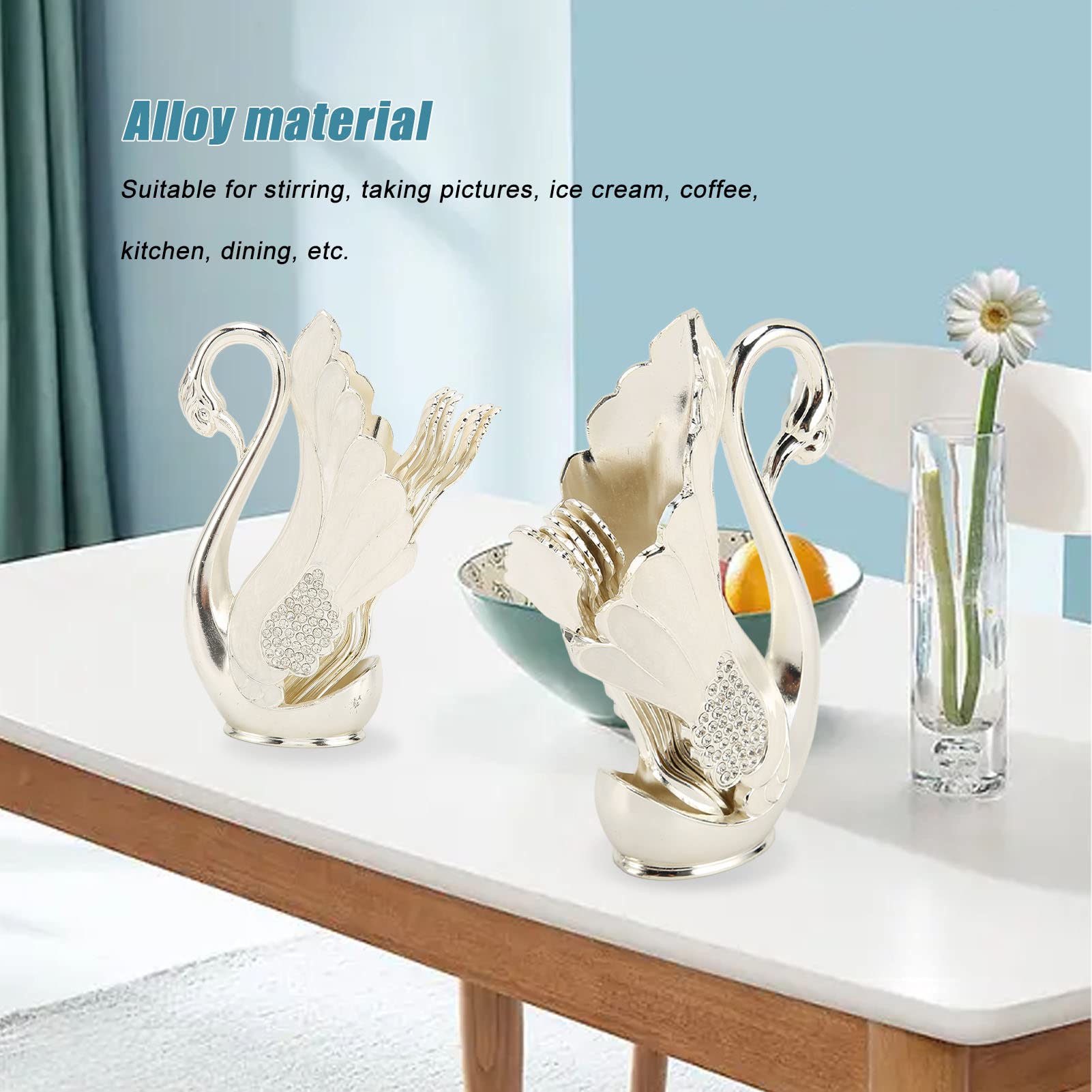 Coffee Spoon Holder Coffee Dessert Spoon Set Alloy Swan Base Holder Spoon Organizer with 6pcs, Modern Style Ice Cream Spoons Teaspoons Coffee Dessert Flatware(Spoon)