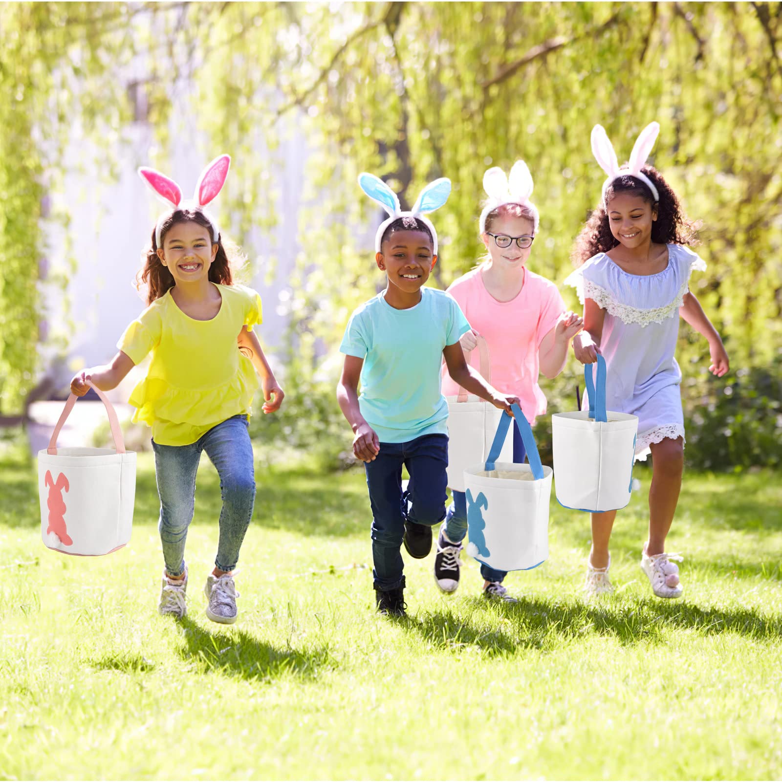 Easter Egg Hunt Basket, 2 Pack Easter Bunny Basket with Fluffy Rabbit Tail for Kids, Easter Bunny Basket Canvas Tote for Egg Hunts, Party, Toys, Candy and Gifts (Pink,Blue)