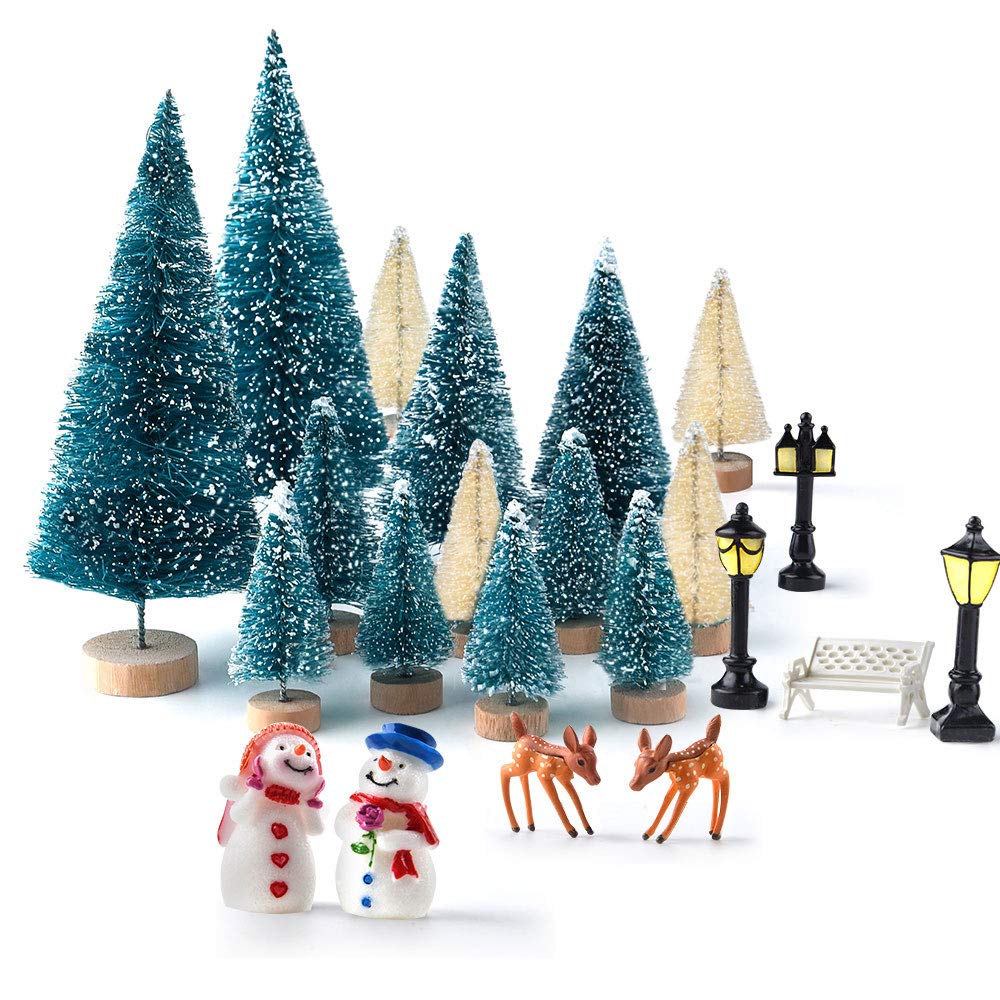 KUUQA Mini Christmas Trees Bottle Brush Trees with Snowmen Reindeer, 31Pcs Christmas Village Sets Village Accessories Ornaments for Christmas Decorations Indoor Village Display Platforms Winter Decor
